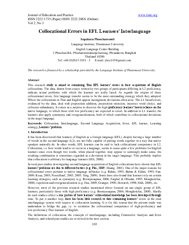 (PDF) Collocational Errors in EFL Learners' Interlanguage