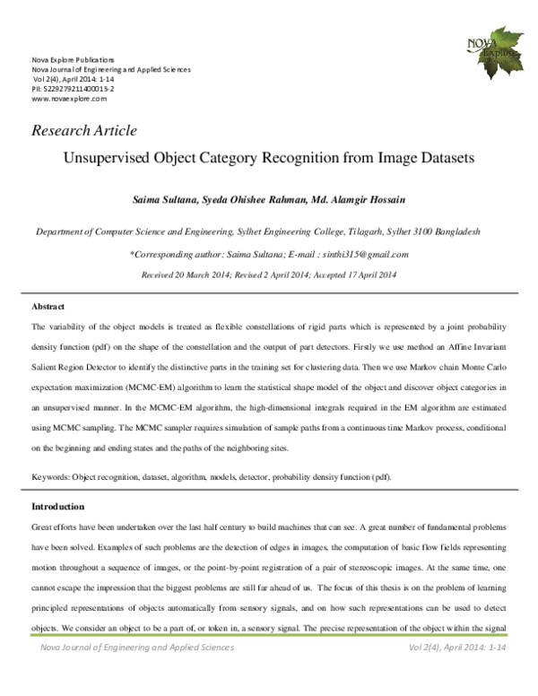 (PDF) Unsupervised Object Category Recognition from Image Datasets