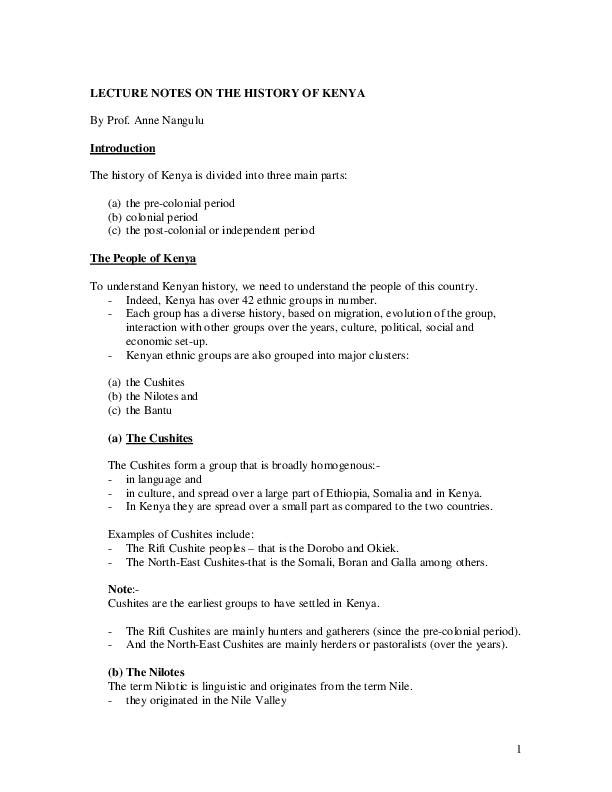 (PDF) LECTURE NOTES ON THE HISTORY OF KENYA