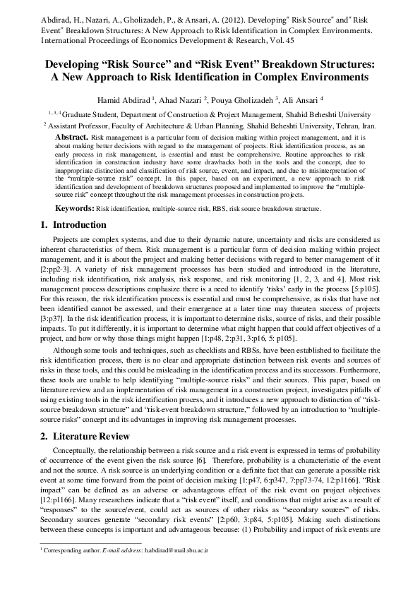 (PDF) Developing “Risk Source” and “Risk Event” Breakdown Structures A New Approach to Risk ...