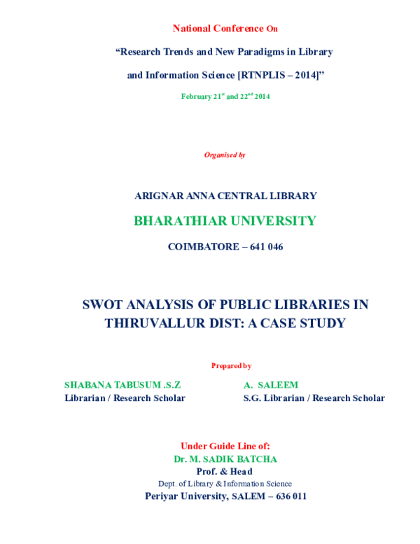 (DOC) SWOT ANALYSIS OF PUBLIC LIBRARIES IN THIRUVALLUR DIST: A CASE STUDY