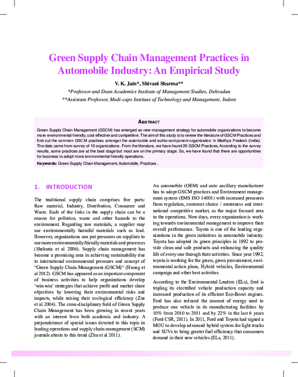 (PDF) Green Supply Chain Management Practices in Automobile Industry: An Empirical Study