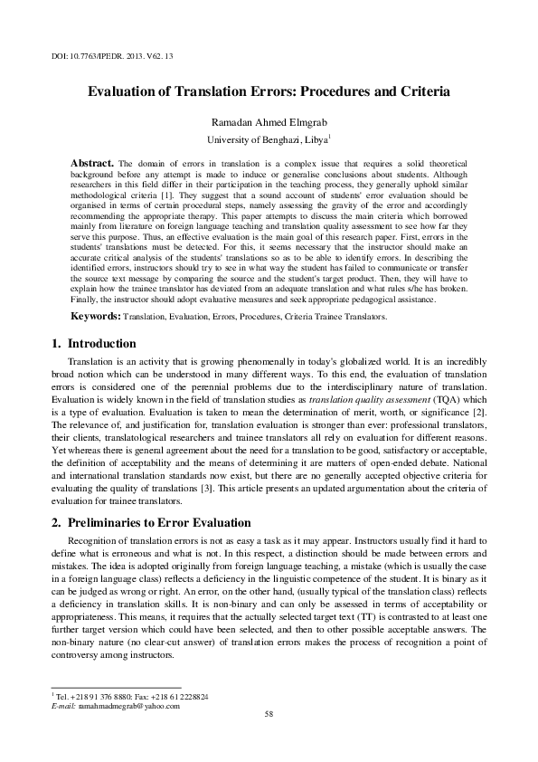 (PDF) Possible Criteria for Evaluating Students' Translation Errors