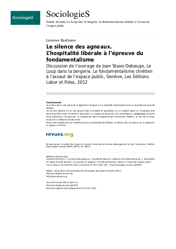 Laurence Kaufmann, Book review of : Joan Stavo-Debauge, Le loup dans la bergerie, SociologieS, 2013