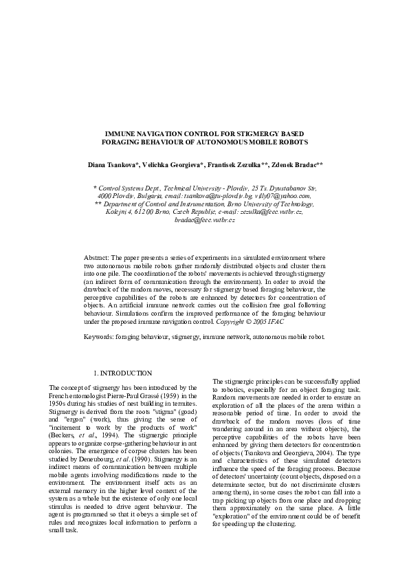 Pdf Immune Navigation Control For Stigmergy Based Foraging Behaviour Of Autonomous Mobile Robots