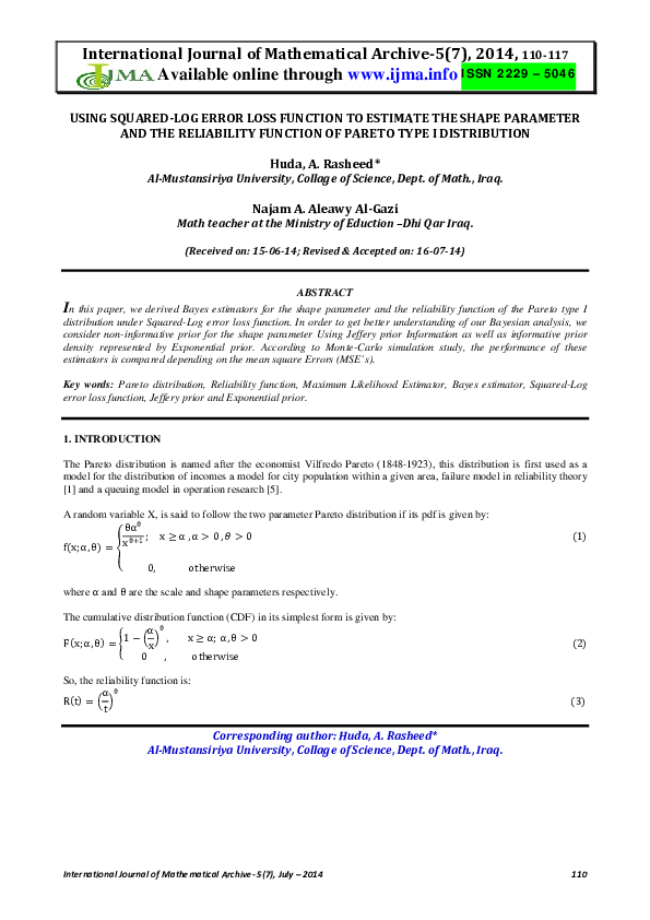 Pdf Using Squared Log Error Loss Function To Estimate The Shape Parameter And The Reliability