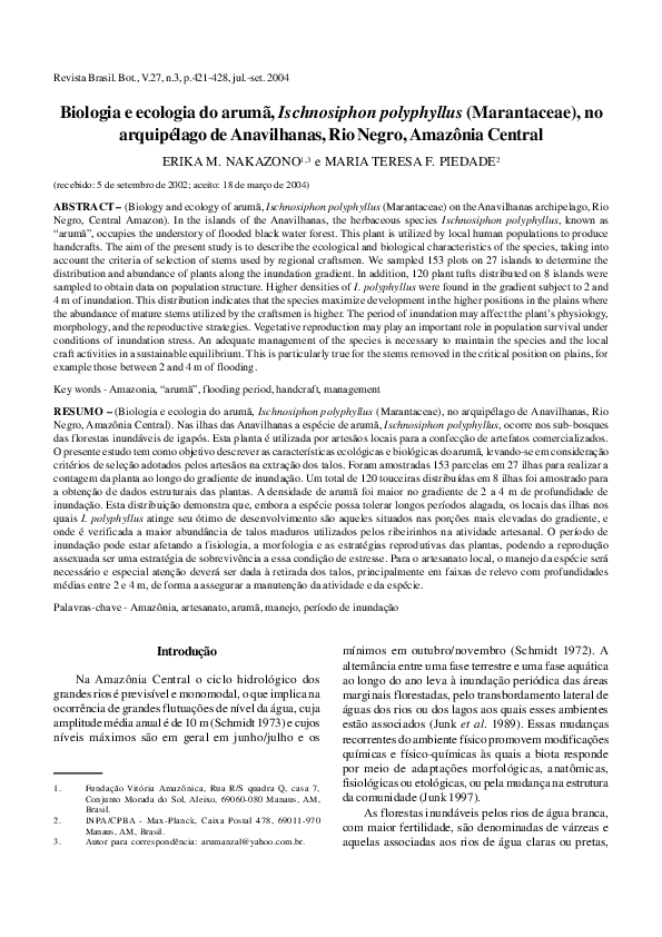 (PDF) Biologia e ecologia do arumã, Ischnosiphon polyphyllus ...