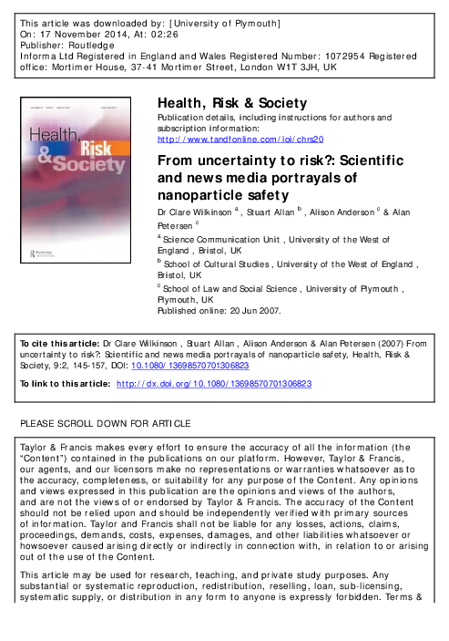 (PDF) From uncertainty to risk?: Scientific and news media portrayals ...