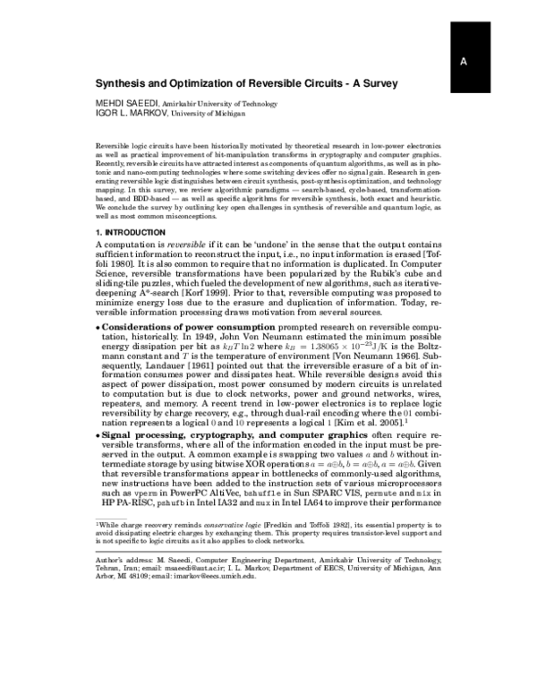 (PDF) A Synthesis and Optimization of Reversible Circuits -A Survey (PDF) A Synthesis and Optimization of Reversible Circuits -A Survey