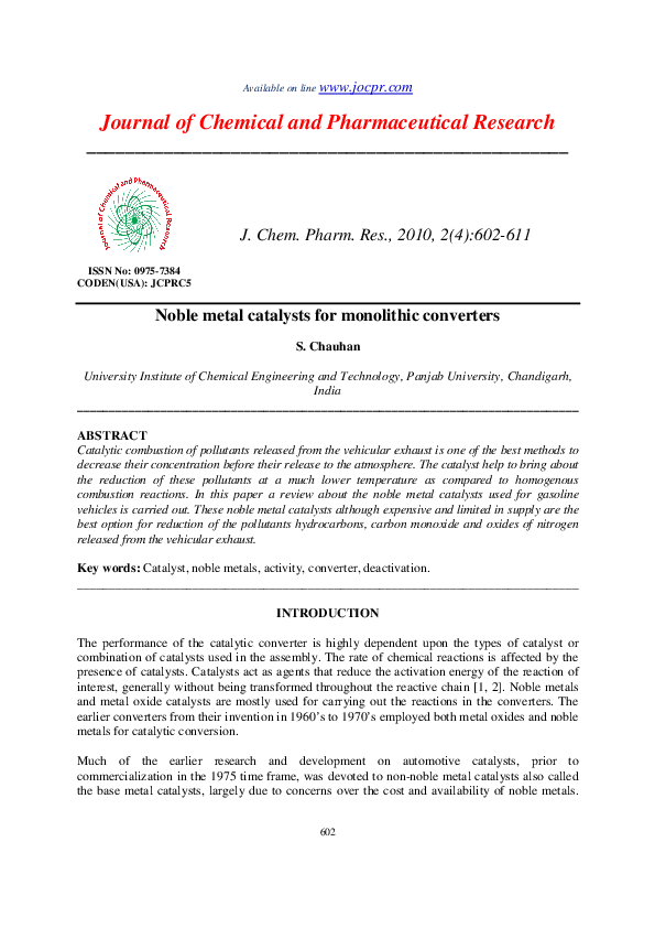 (PDF) Noble metal catalysts for monolithic converters