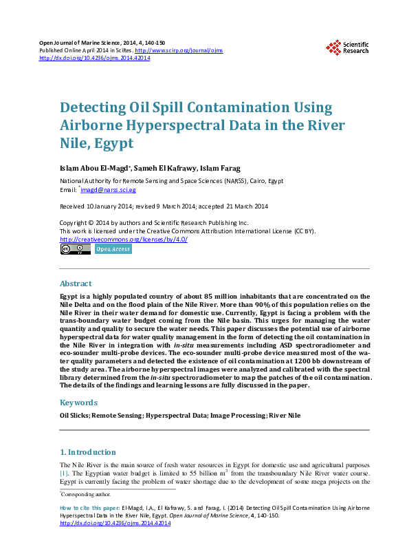 (PDF) Detecting Oil Spill Contamination Using Airborne Hyperspectral Data in the River Nile, Egypt