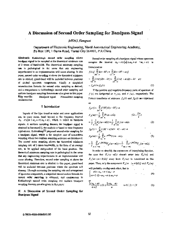 Pdf A Discussion Of Second Order Sampling For Bandpass Signal
