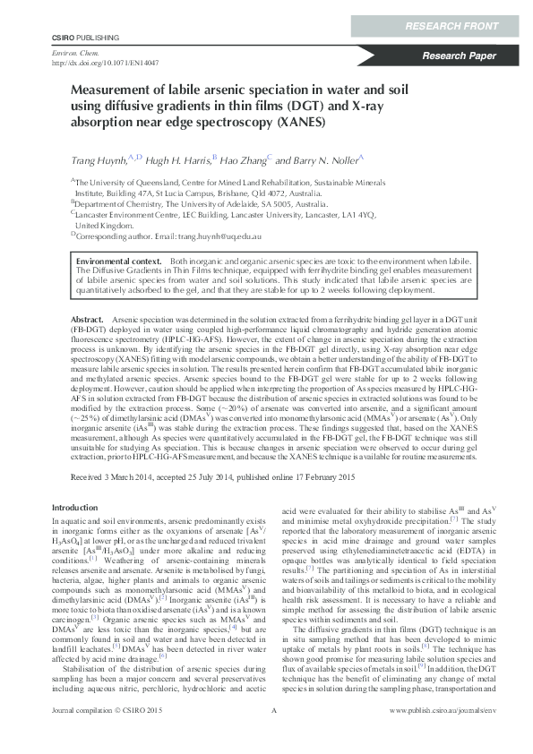 (PDF) Measurement of labile arsenic speciation in water and soil using ...