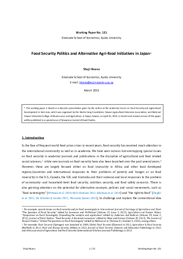 (PDF) Food Security Politics and Alternative Agri-food Initiatives in Japan