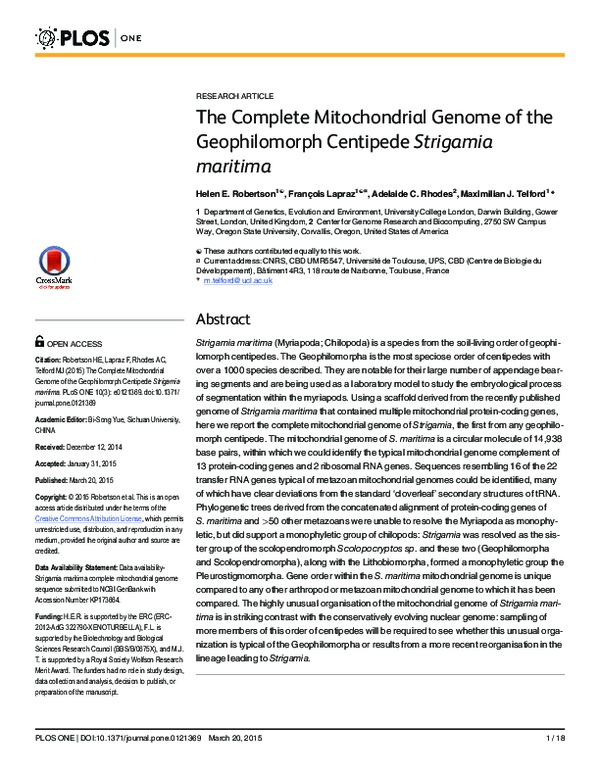 (PDF) The Complete Mitochondrial Genome of the Geophilomorph Centipede ...