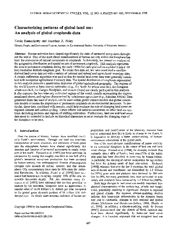 (PDF) Characterizing patterns of global land use: An analysis of global croplands data