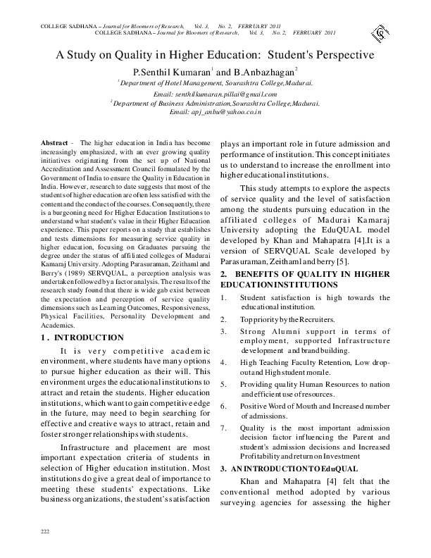 (PDF) A Study on Quality in Higher Education Student's Perspective