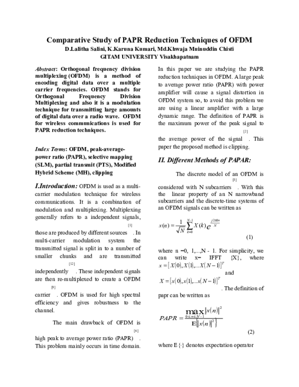 (DOC) Comparative Study of PAPR Reduction Techniques in OFDM