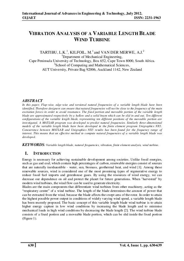 (PDF) VIBRATION ANALYSIS OF A VARIABLE LENGTH BLADE WIND TURBINE