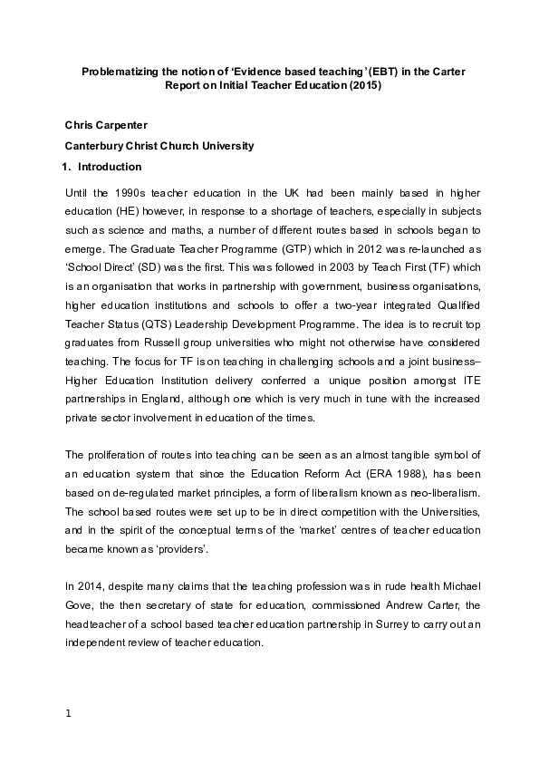 (DOC) Evidence Based Teaching in the Carter Report into Teacher ...