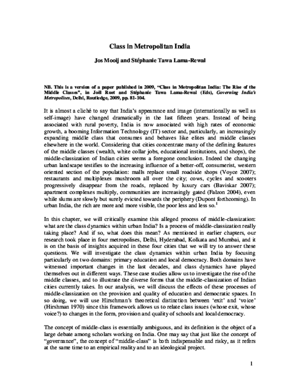 The Rise of the Middle Classes in Metropolitan India