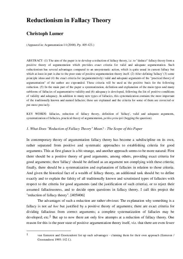 (PDF) Reductionism in fallacy theory