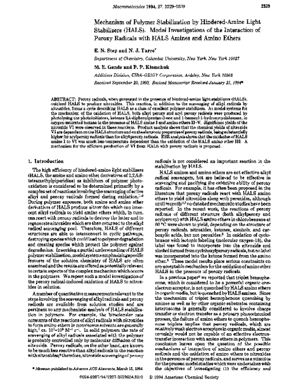 (PDF) Mechanism of Polymer Stabilization by Hindered-Amine Light Stabilizers (HALS). Model ...