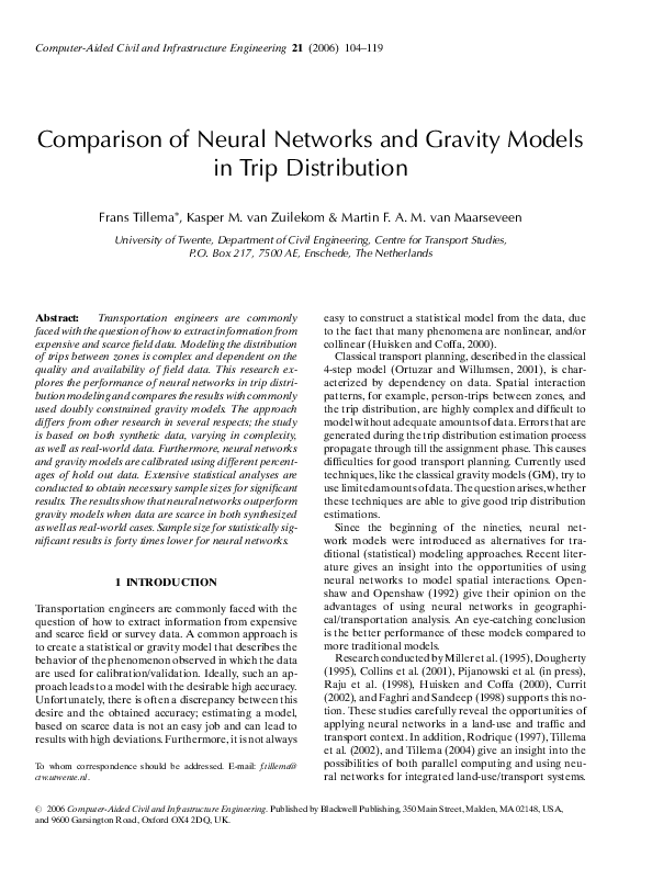 (PDF) Comparison of Neural Networks and Gravity Models in Trip Distribution