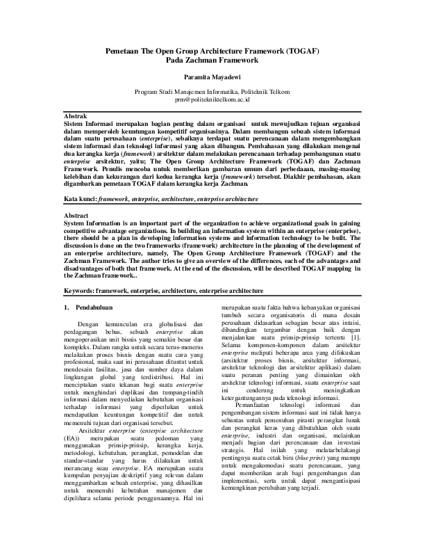 Pdf Pemetaan The Open Group Architecture Framework Togaf Pada Zachman Framework