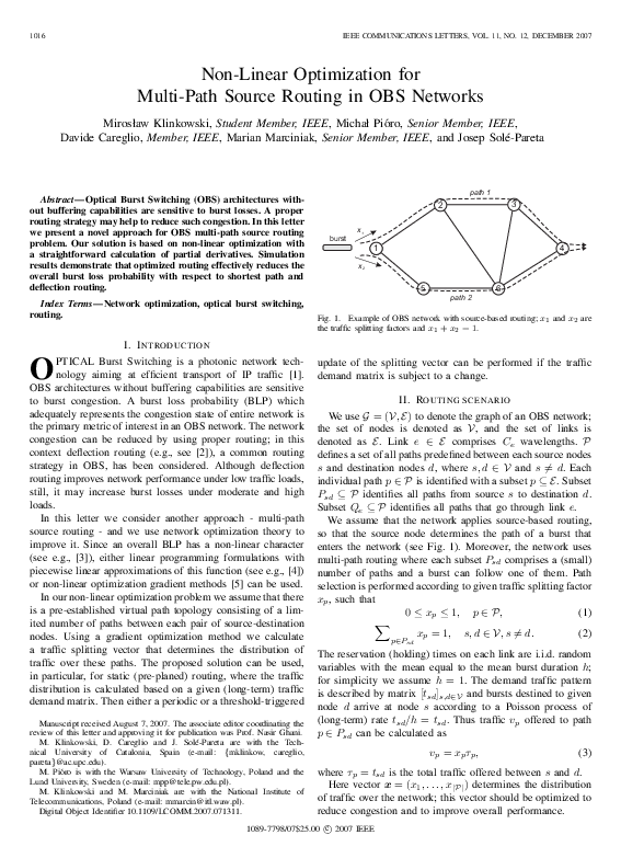 Pdf Non Linear Optimization For Multi Path Source Routing In Obs Networks 9459