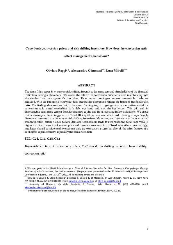 (PDF) Coco-bonds, conversion prices and risk shifting incentives. How ...