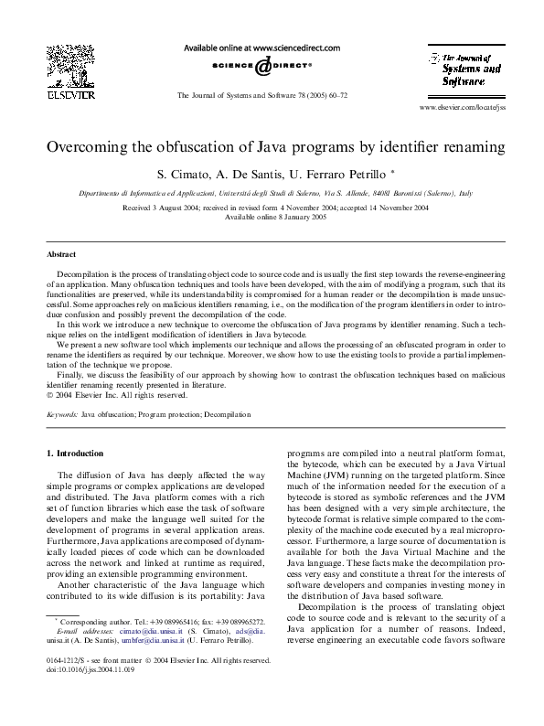 (PDF) Overcoming the obfuscation of Java programs by identifier renaming