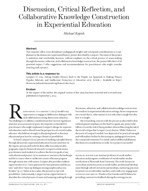 (PDF) Discussion, Critical Reflection, and Collaborative Knowledge Construction in Experiential ...