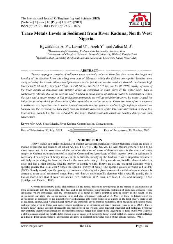 (PDF) Trace Metals Levels in Sediment from River Kaduna, North West ...