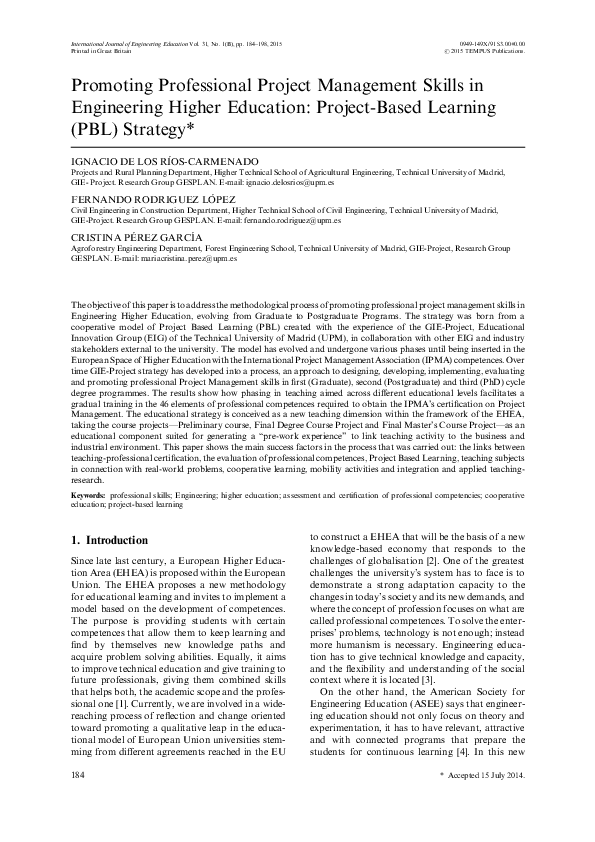 (PDF) Promoting Professional Project Management Skills in Engineering ...