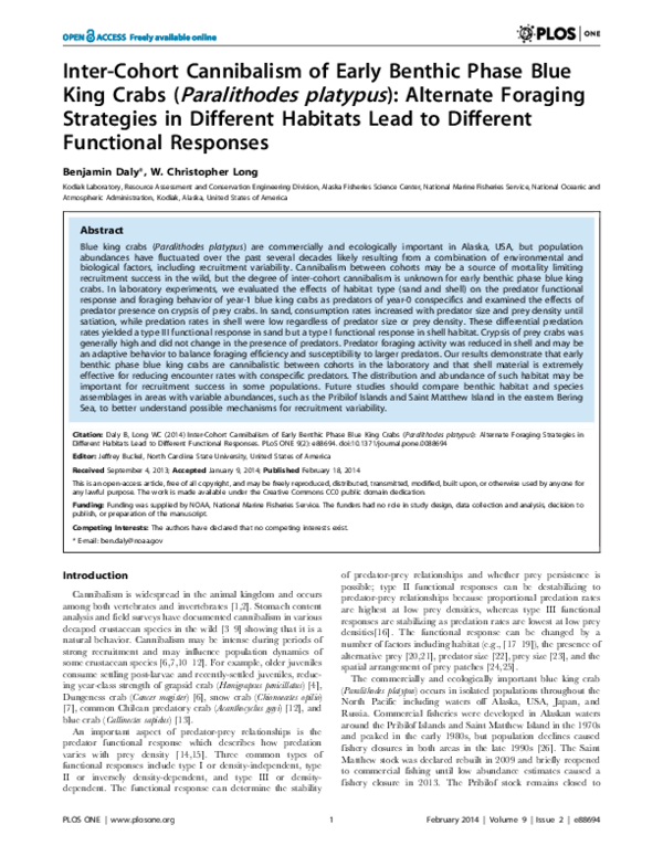 (PDF) Inter-cohort cannibalism of early benthic phase blue king crabs ...