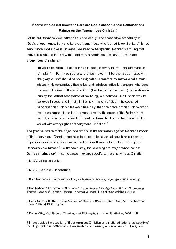 (DOC) Balthasar and Rahner on the ‘Anonymous Christian’