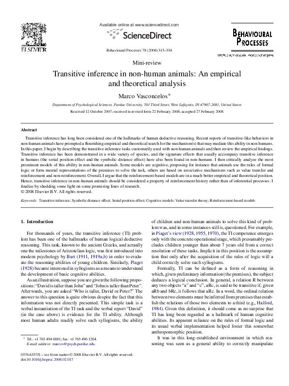(PDF) Transitive inference in non-human animals: An empirical and theoretical analysis