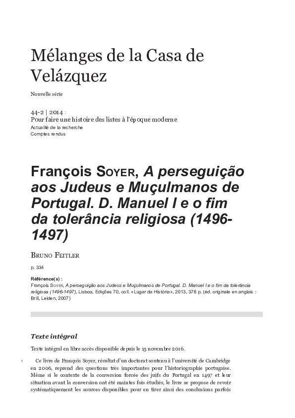 (PDF) Review: François Soyer, A perseguição aos Judeus e Muçulmanos de ...