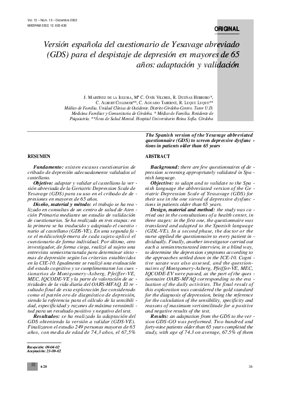 (PDF) The Spanish version of the Yesavage abbreviated questionnaire ...