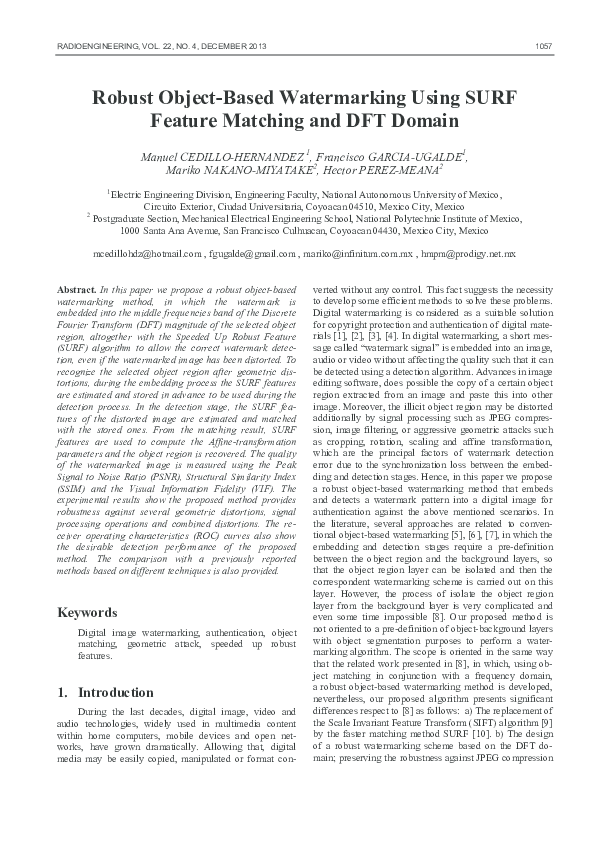 (PDF) Robust Object-Based Watermarking Using SURF Feature Matching and DFT Domain
