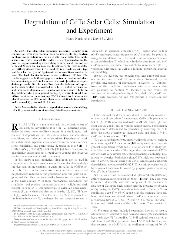 (PDF) Degradation of CdTe Solar Cells: Simulation and Experiment