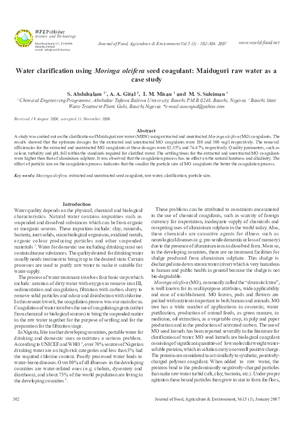 (PDF) Water clarification using Moringa oleifera seed coagulant: Maiduguri raw water as a case study