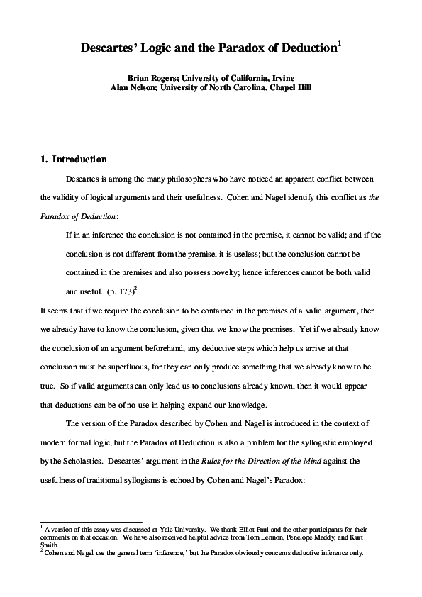 (PDF) Descartes’ Logic and the Paradox of Deduction