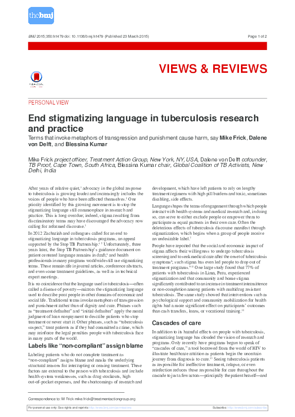 (PDF) End stigmatizing language in tuberculosis research and practice