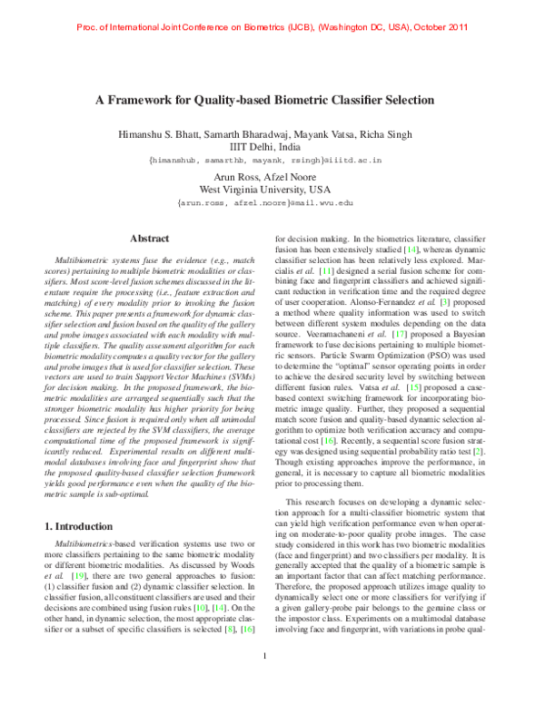 (PDF) A framework for quality-based biometric classifier selection
