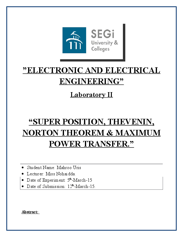 (DOC) Super Position , Thevenin And Norton Theorem Lab Report.