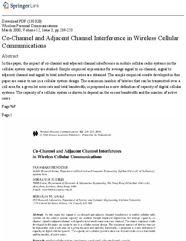 (PDF) Co-Channel and Adjacent Channel Interference in Wireless Cellular Communications