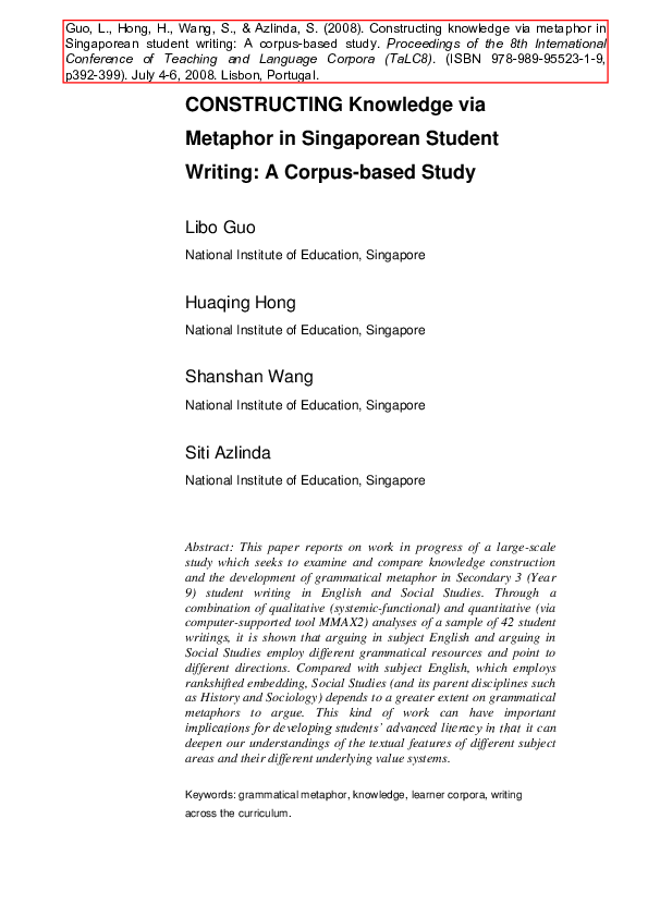 Constructing knowledge via metaphor in Singaporean student writing: A corpus-based study