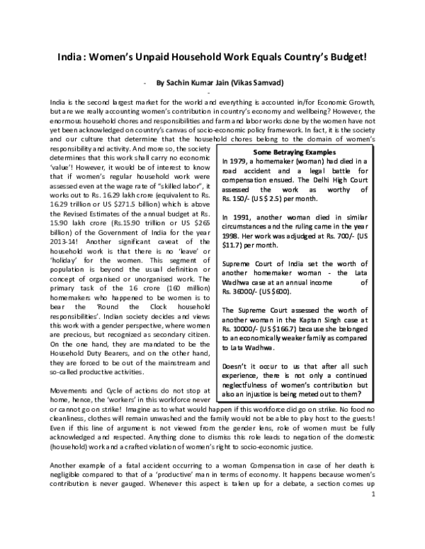 (PDF) Unpaid Work, Un-recognized Household Work and Women in India